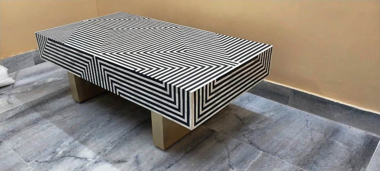 Handcrafted Bone Inlay Stripe Design Coffee Table in Black Free ...