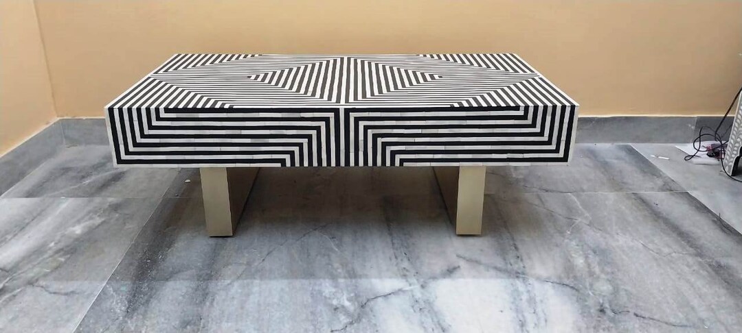 Handcrafted Bone Inlay Stripe Design Coffee Table in Black Free ...