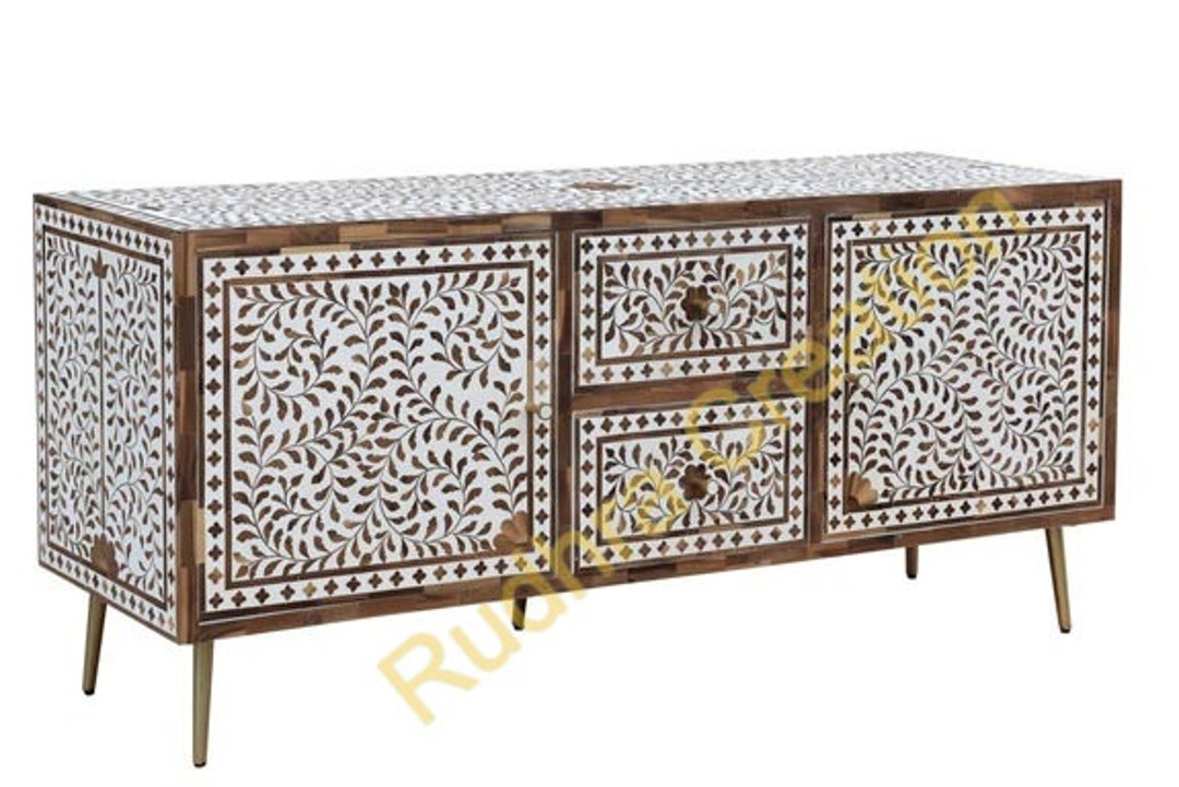 Bone Inlay Geometric Pattern Media Console in Black and White, Media ...