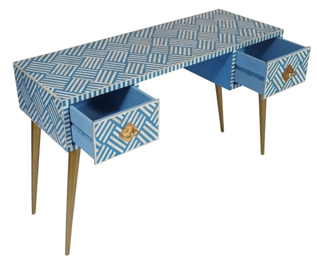 Bone Inlay Two-drawer Work Desk in Blue- Handcrafted Inlay Drawer Study ...