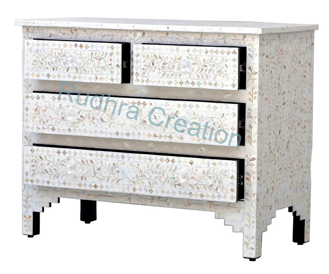 MOP Inlay 4 Drawer Chest, Scroll Vine Storage Cabinet, Handcrafted ...