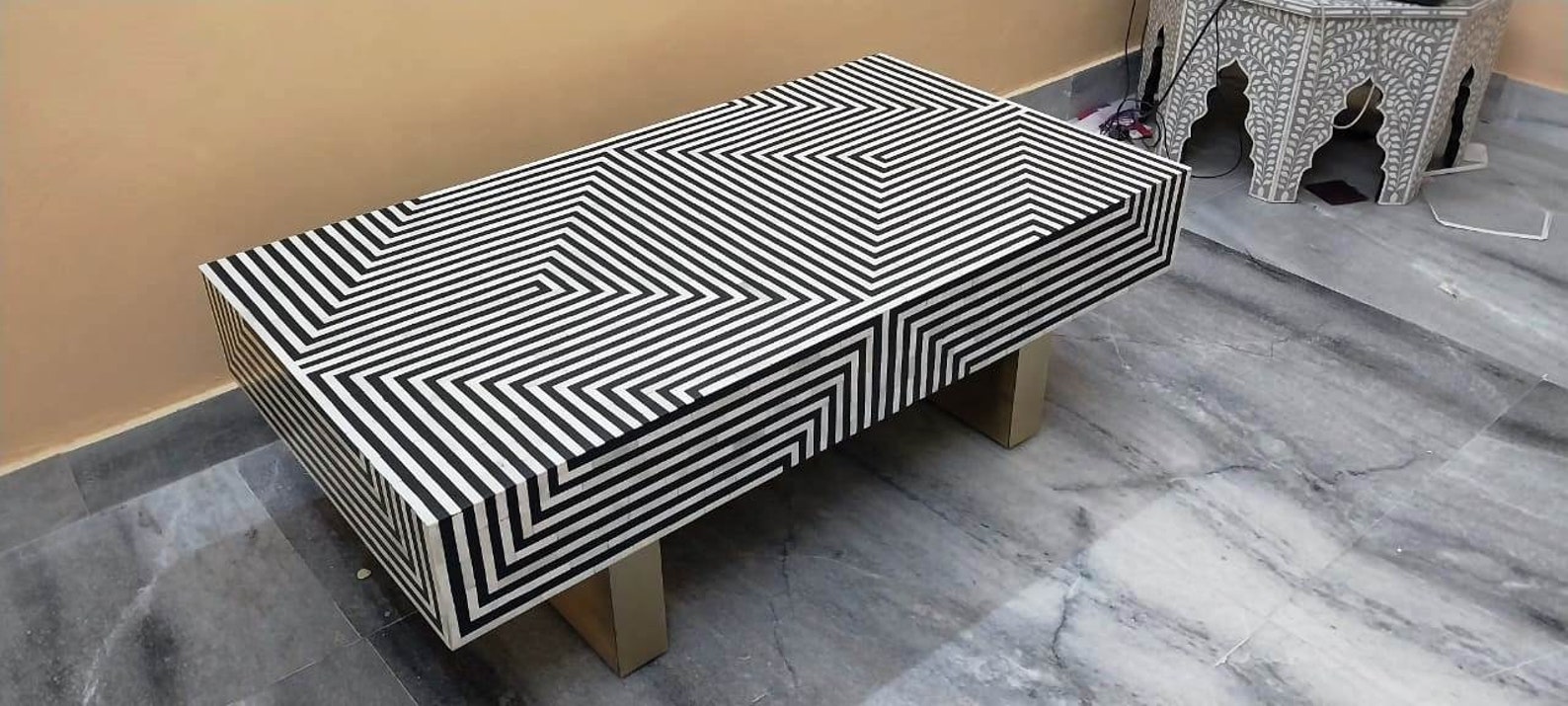 Handcrafted Bone Inlay Stripe Design Coffee Table in Black Free ...