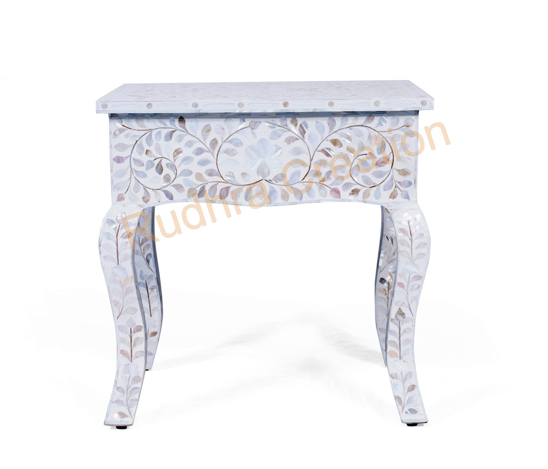 MOP Inlay Curved Stool, MOP Inlay Bed Side Table in White, MOP Inlay ...