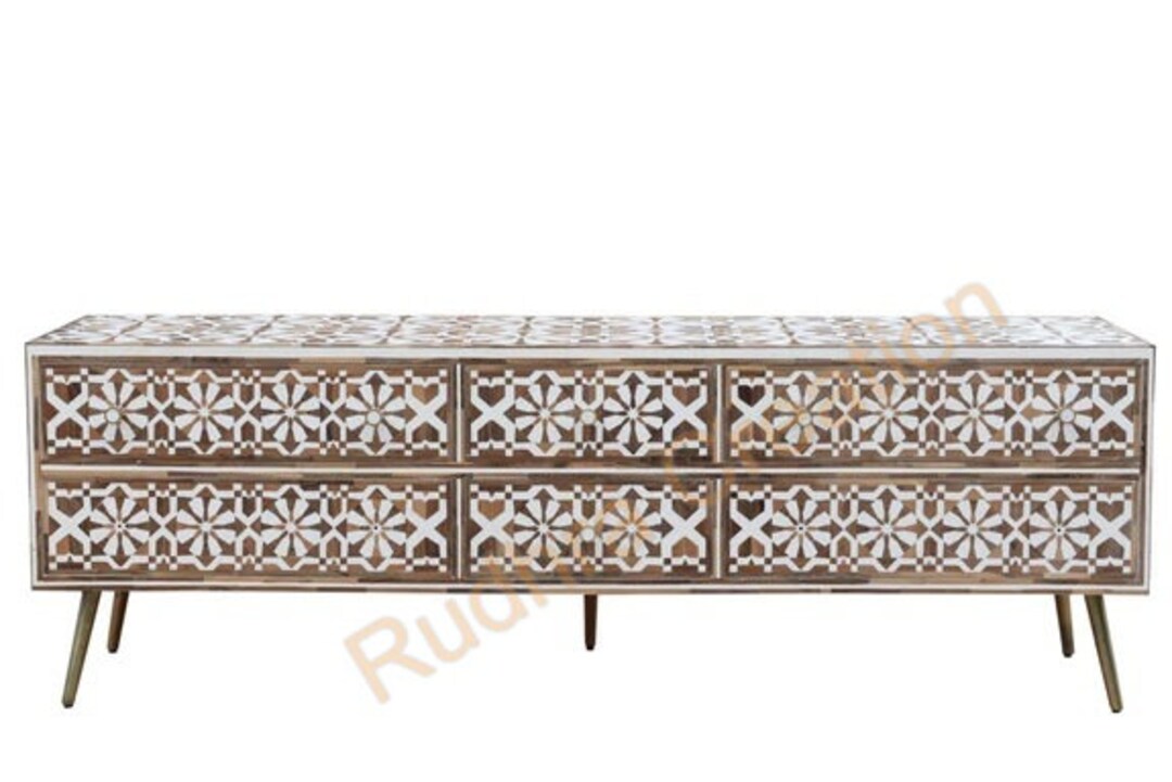 Bone Inlay Moroccan Pattern Media Console in Black and White, Media ...