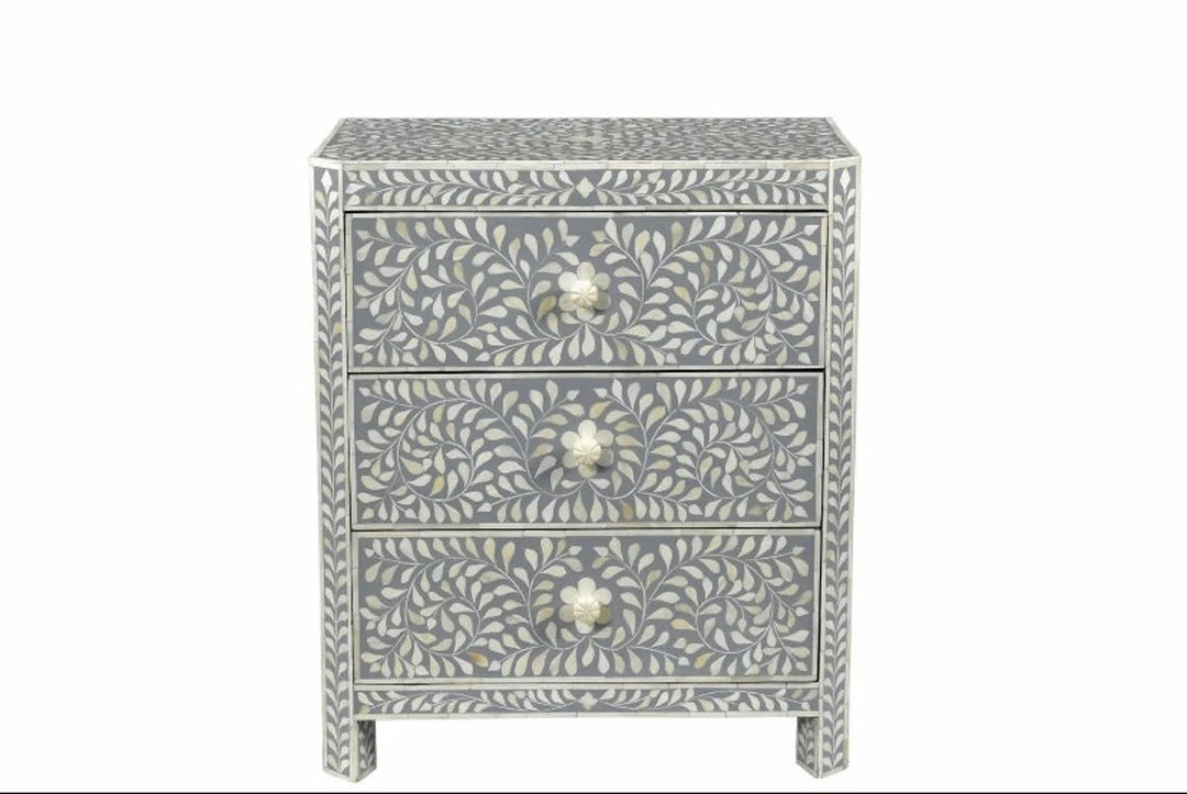 Bone Inlay Three Drawer Bed Side | Storage Side Table | Handmade Scroll ...
