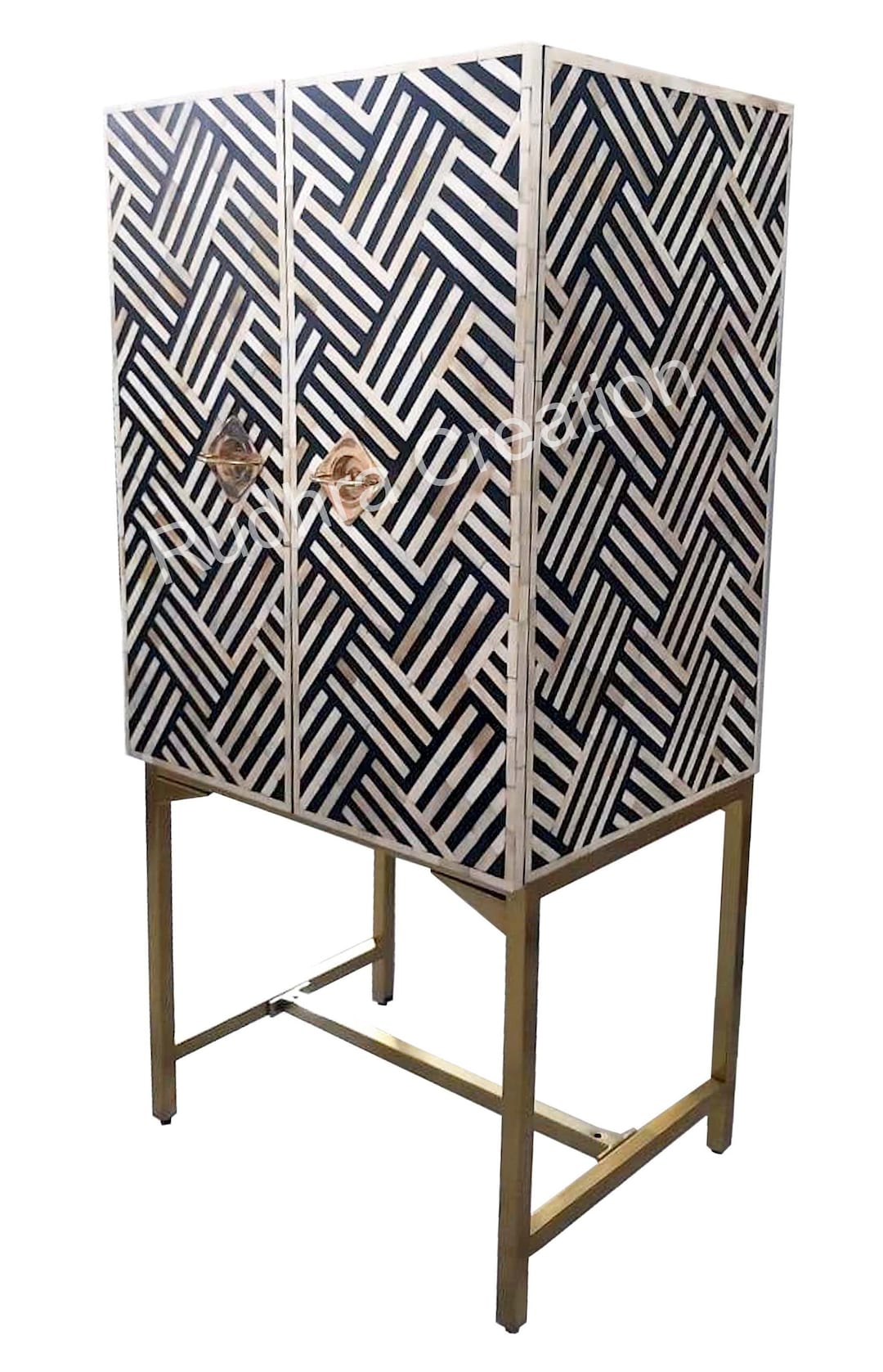Handcrafted Bone Inlay Optical Bar Cabinet in Black and White Free ...