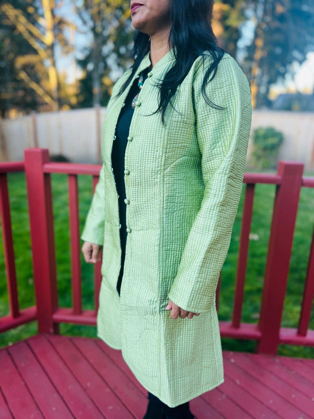 Reversible Quilted Cotton Jacket - Pastel Green Boho Block Print Coat ...