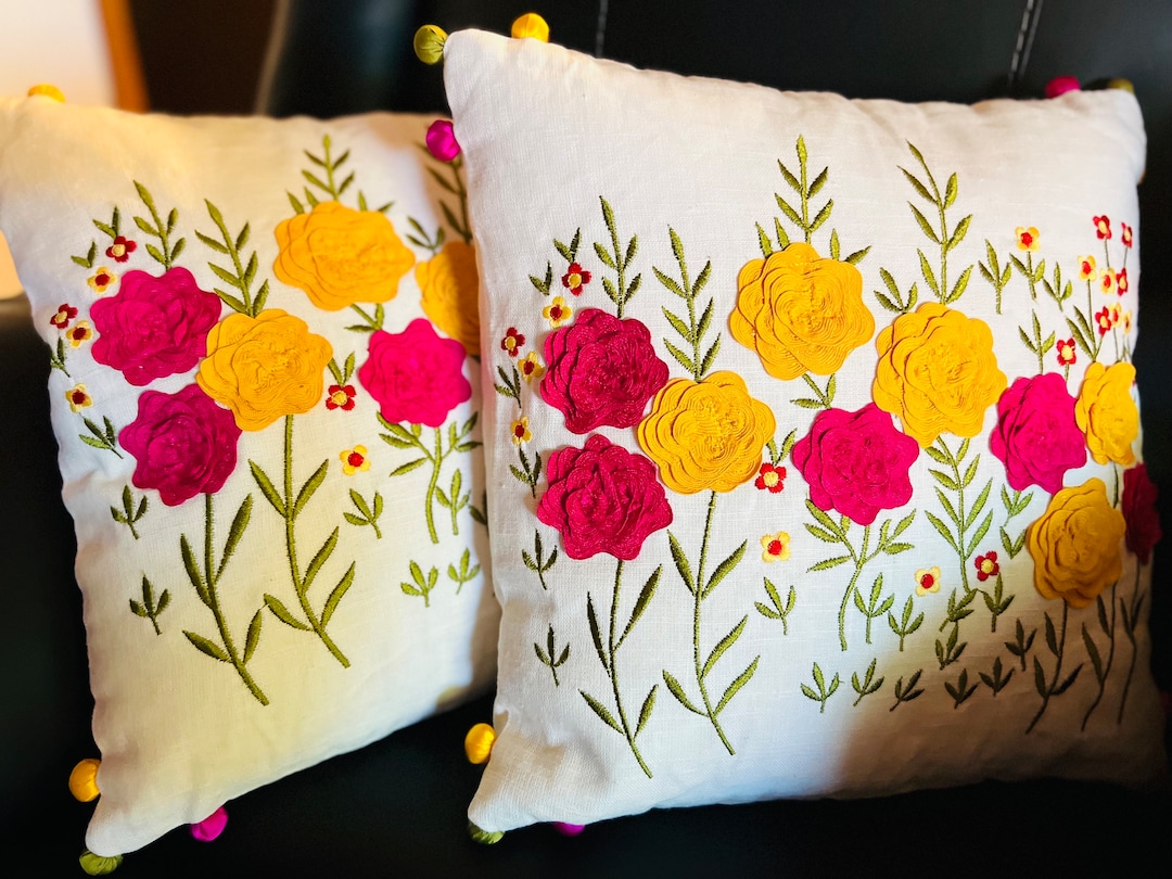 Floral Embroidery Pillow Cover - 3D Cotton Throw Pillow, 16x16 - Etsy