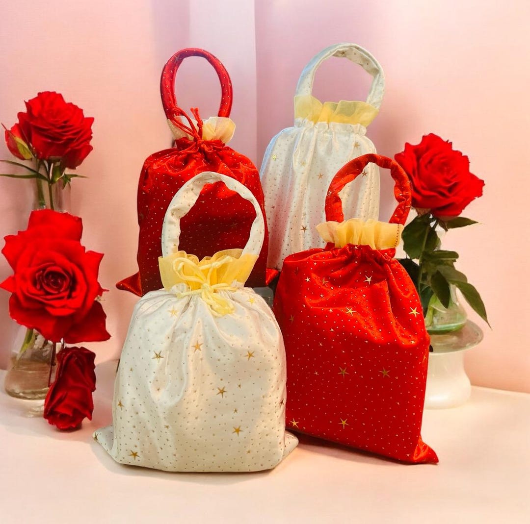 Handmade Elegant Red & White Bindi Silk Potli Bags With Handle, Perfect ...