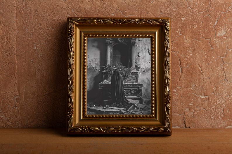 Dark Figure Praying at A Derelict Altar, PRINTABLE Creepy Wall Art ...