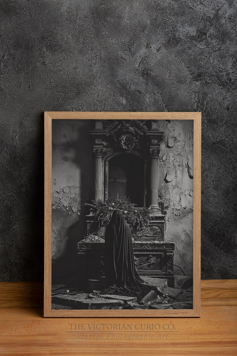 Dark Figure Praying at A Derelict Altar, PRINTABLE Creepy Wall Art ...