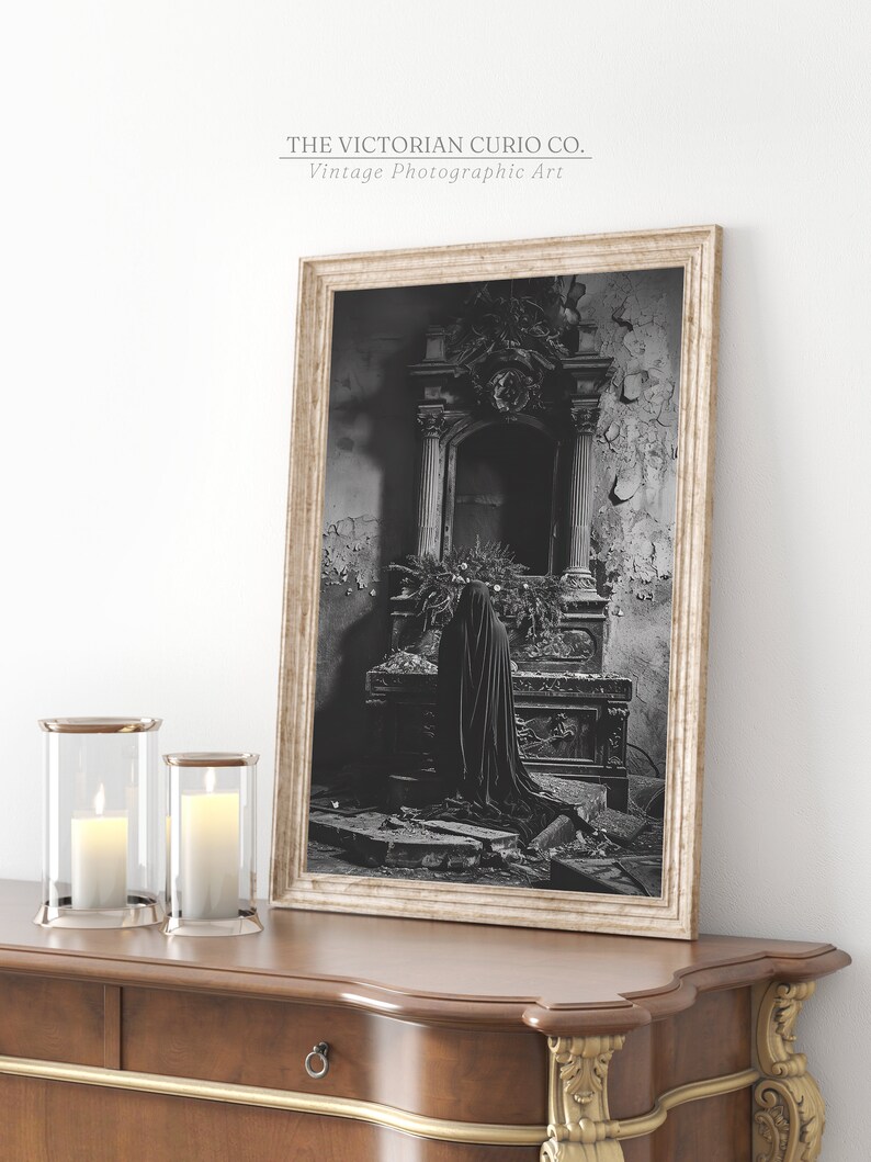 Dark Figure Praying at A Derelict Altar, PRINTABLE Creepy Wall Art ...