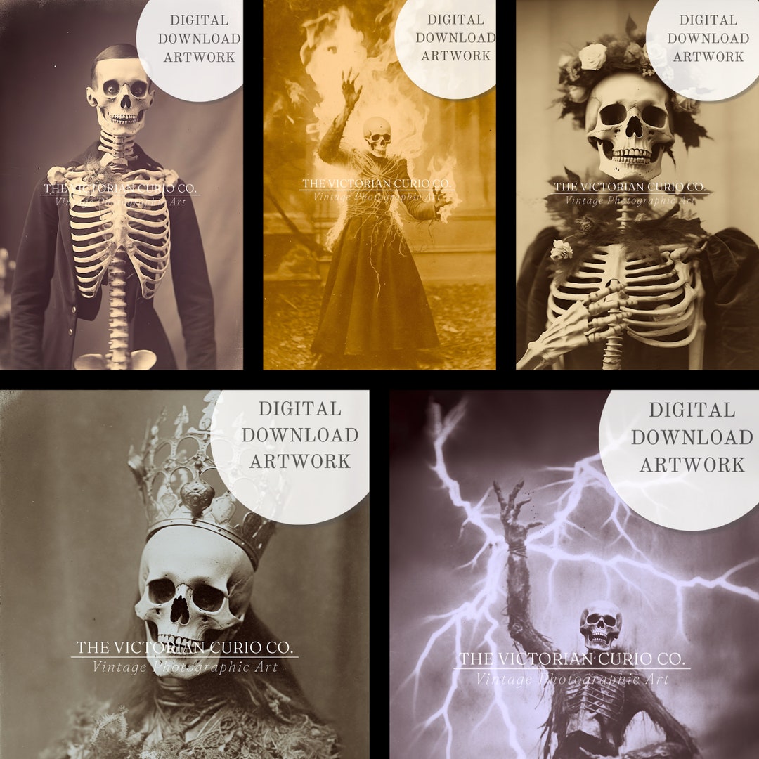 Macabre Skeleton Art Bundle, PRINTABLE Set of 5, Mage Poster, Eerie ...