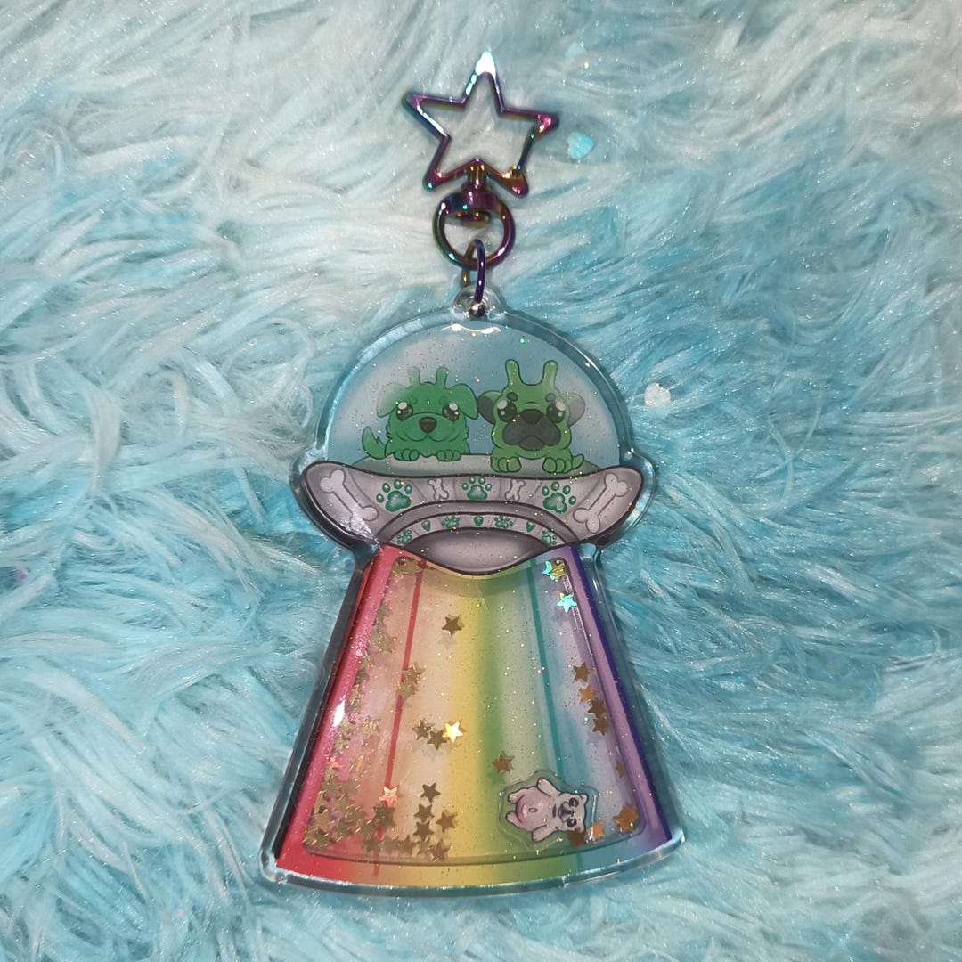 Pibble Alien UFO Shaker Keychain - Large Glittery Acrylic Charm ...