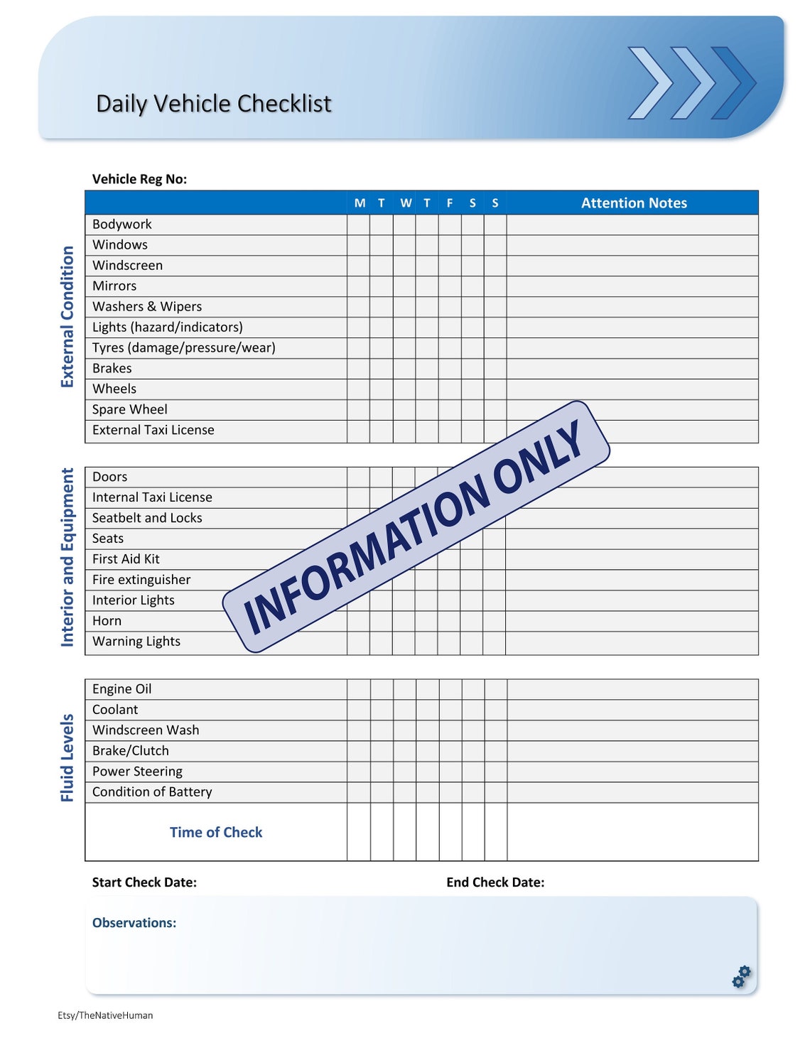 Taxi/vehicle Daily Checklist - Etsy