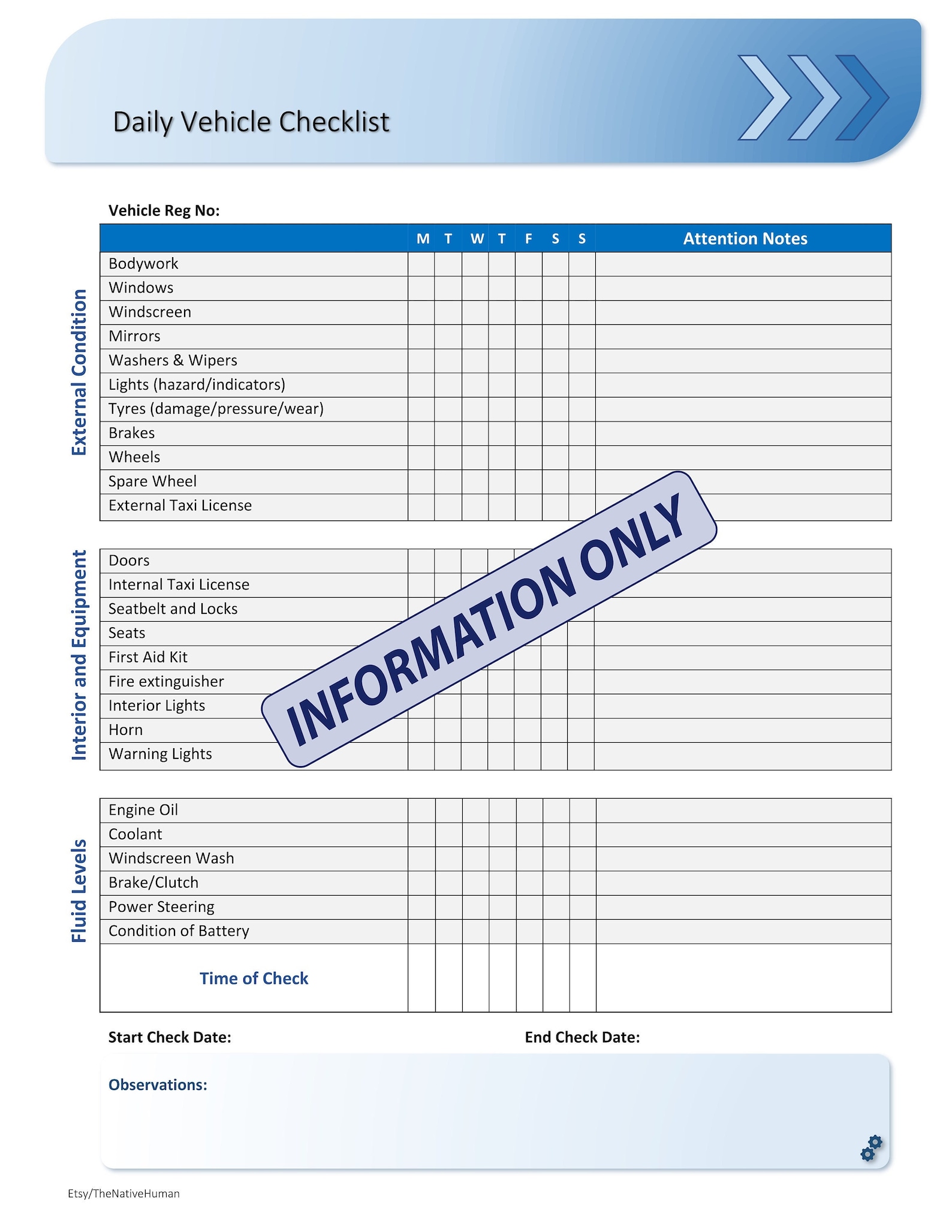 Taxi/vehicle Daily Checklist - Etsy