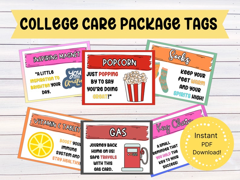 College Care Package Printable Tags Instant Download for Freshman ...