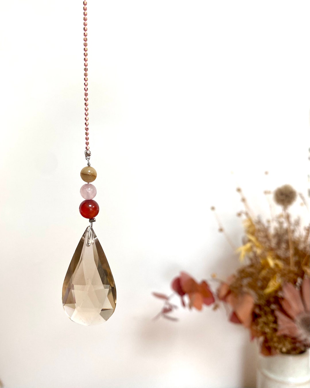 Tinted Crystal Drop Suncatcher Carnelian, Rose Quartz and Tiger's Eye ...