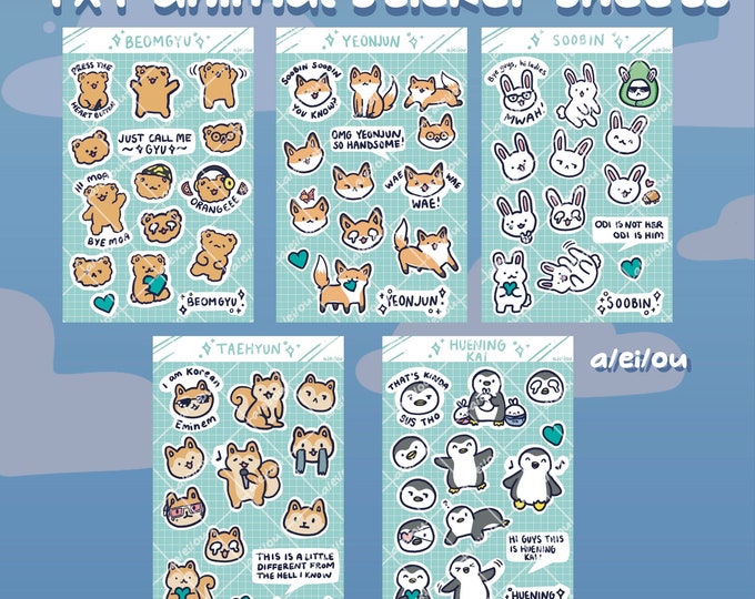 TXT Animal Sticker Sheets Beomgyu Bear Yeonjun Fox Soobin Bunny Taehyun ...