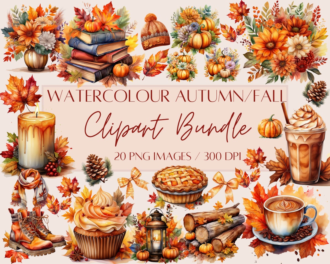 Autumn Gate Clipart Bundle, Fall Clipart, 20 PNG, Watercolor Pumpkin ...