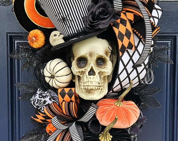 Skeleton Top Hat Wreath, Steampunk Skeleton Swag, Skull Top Hat ...