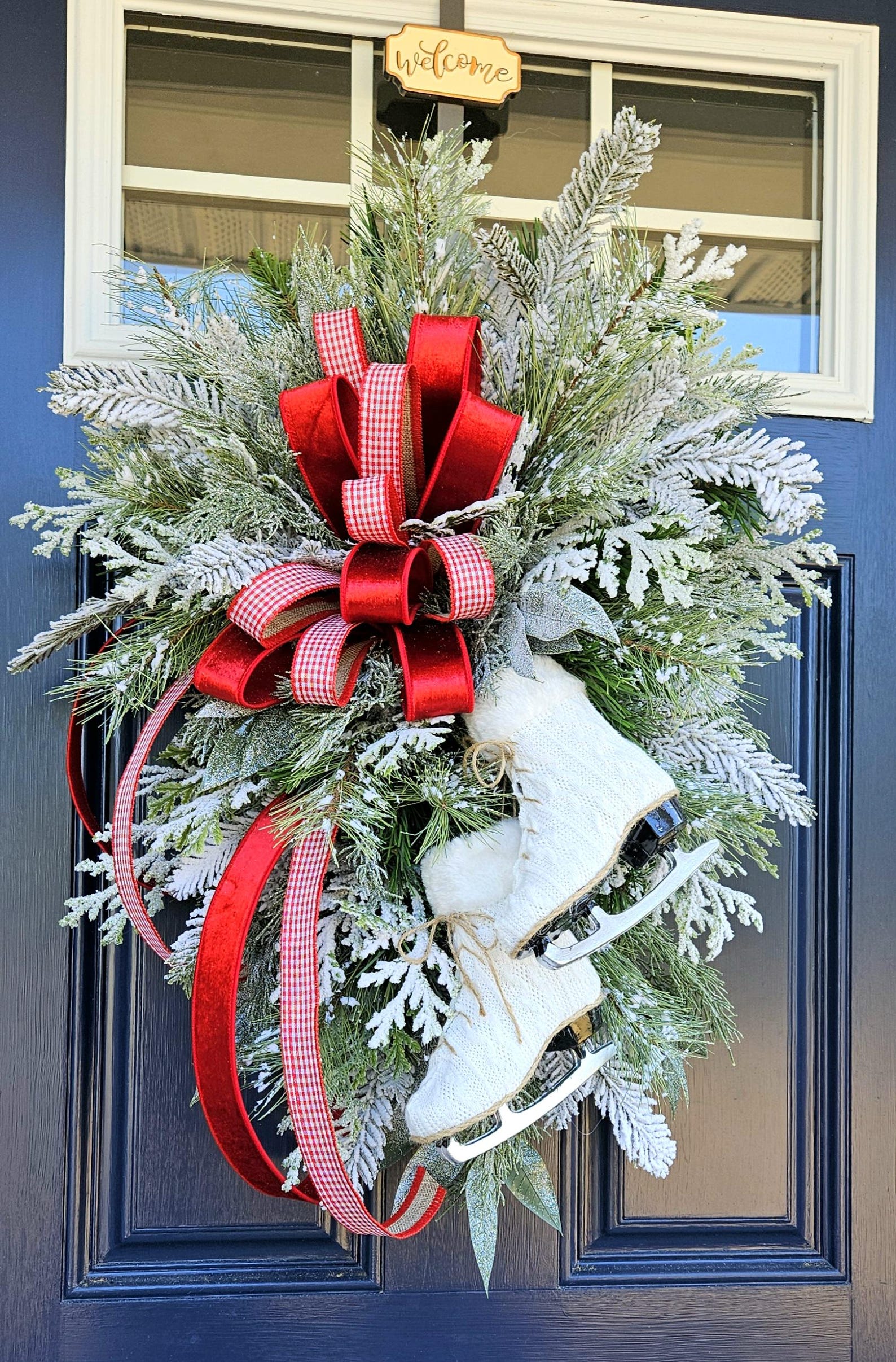 Christmas Ice Skate Wreath for Front Door, Pine Greenery Wreath ...