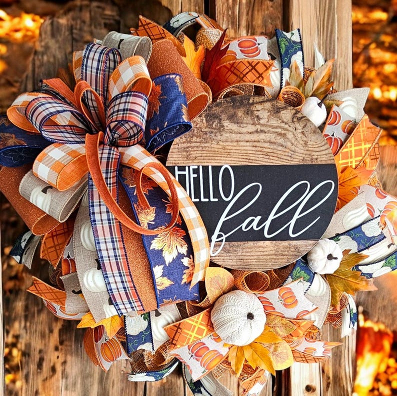 Hello Fall Pumpkin Wreath, Fall Porch Decor, Fall Door Decor, Pumpkin ...