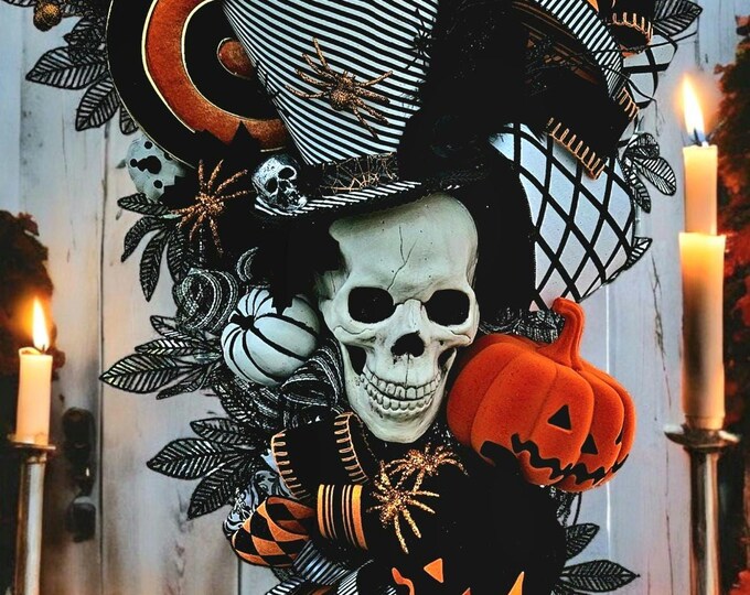 Skeleton Top Hat Wreath, Steampunk Skeleton Swag, Skull Top Hat ...