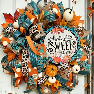 Fall Door Wreath, Teal Wreath, Cheetah Ribbon, Pumpkin Wreath, Fall ...