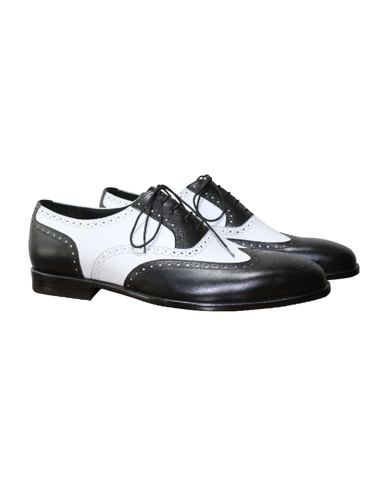 Handmade Black & White Leather Wing Tip Style Brogues Lace up Oxford ...
