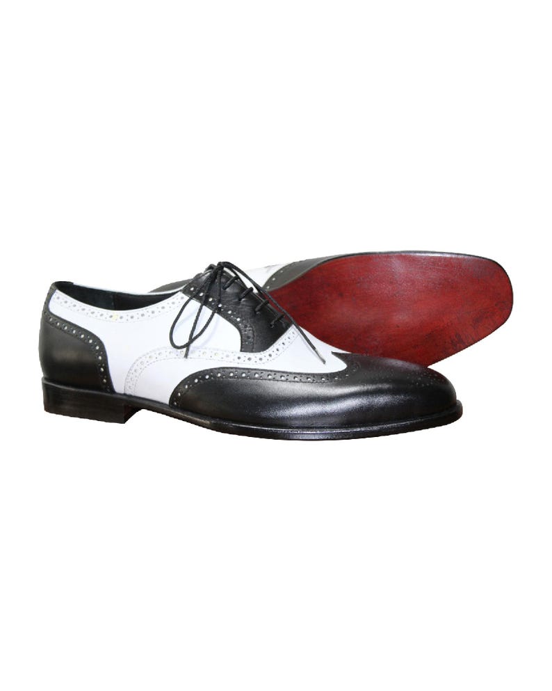 Handmade Black & White Leather Wing Tip Style Brogues Lace up Oxford ...