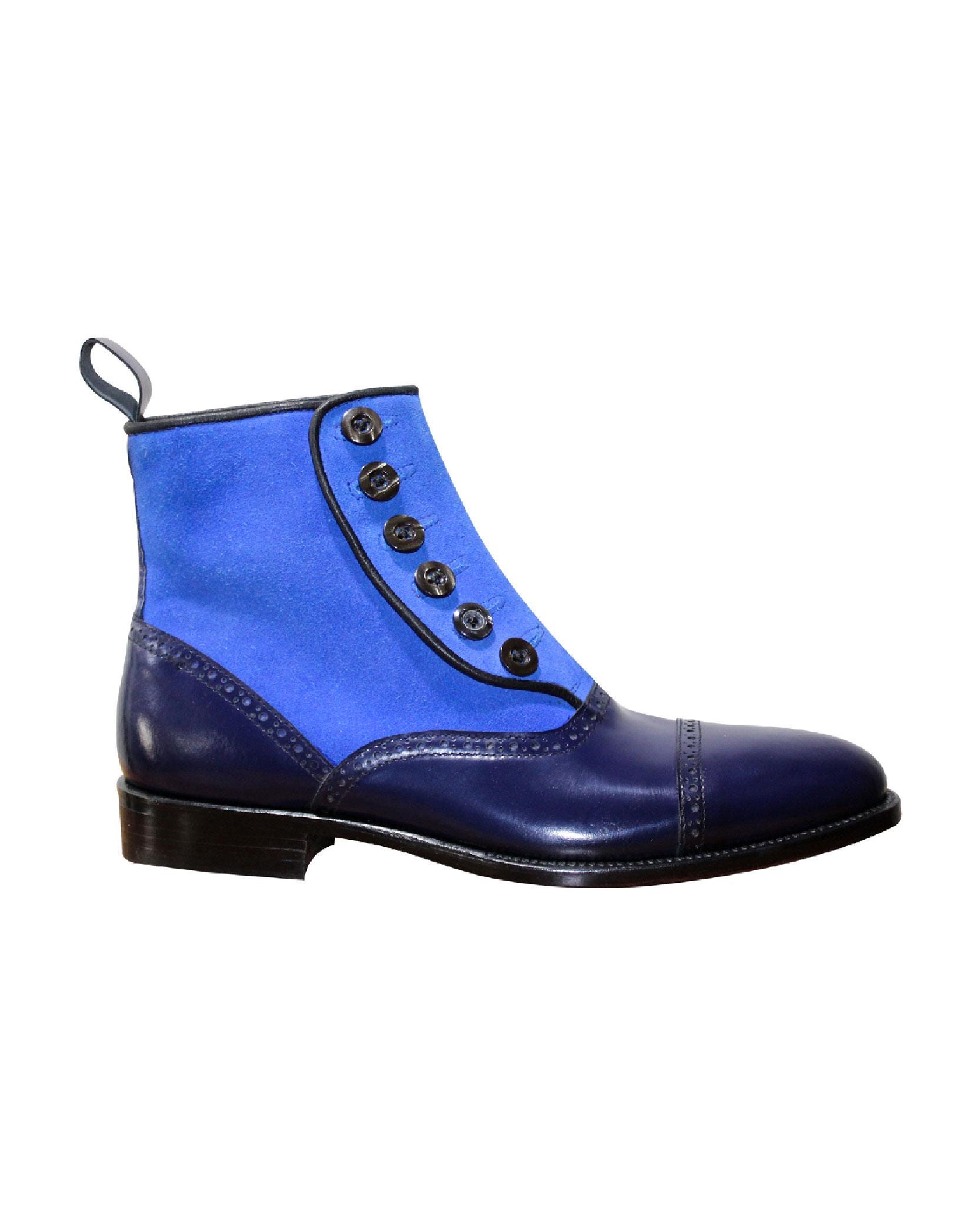 Handmade Mens Blue Leather Suede High Ankle Buttons Boots - Etsy