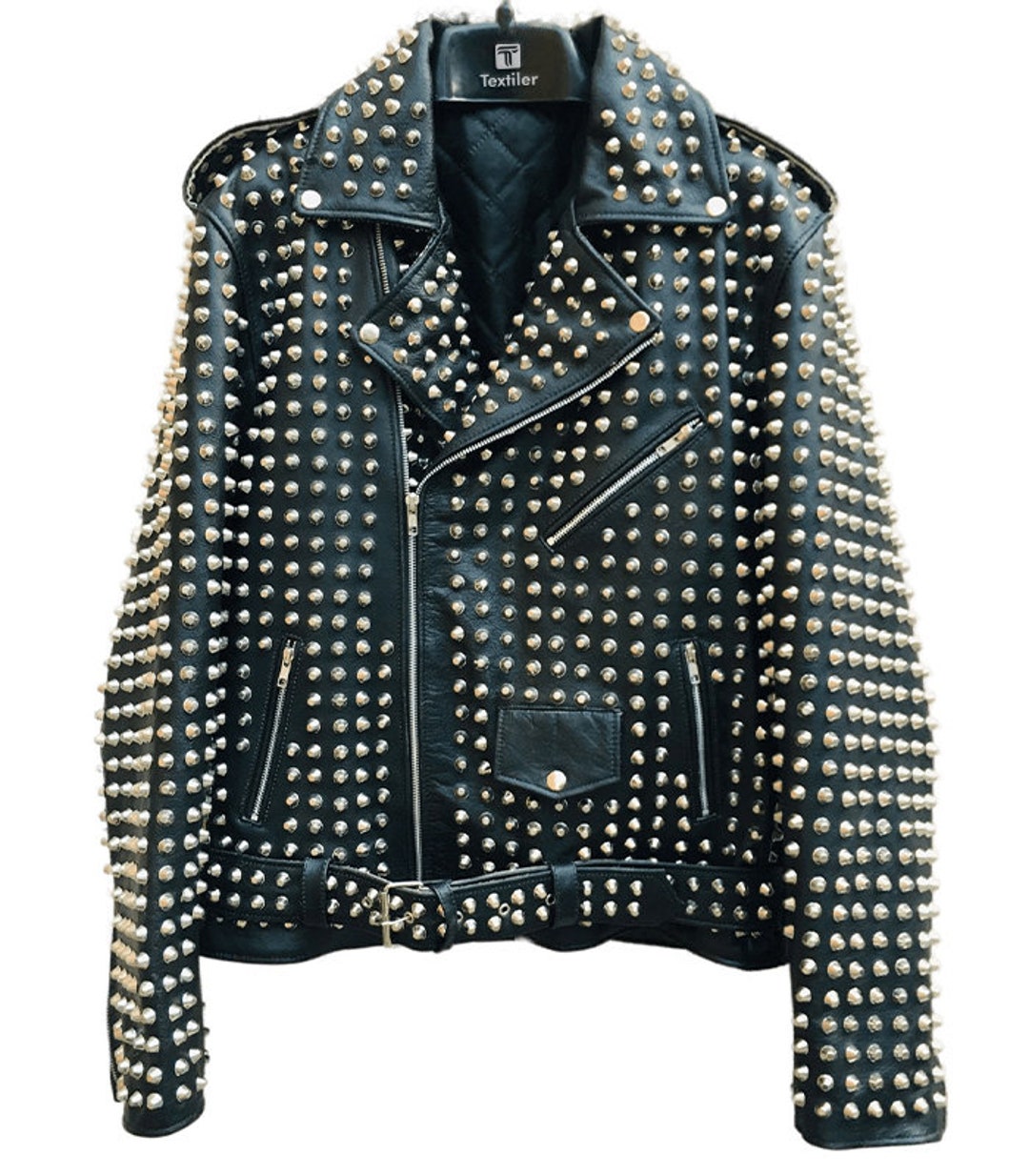 Full Studded Black Leather Jacket, Silver Metal Studded Rocker Style ...