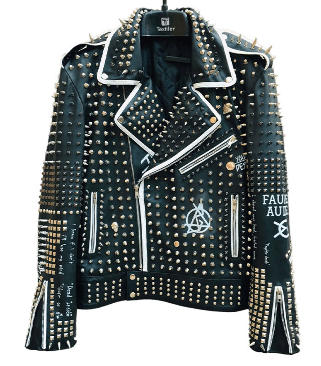 Mens Handmade Studded Leather Biker Jacket Punk Rock Gothic Moto Coat ...