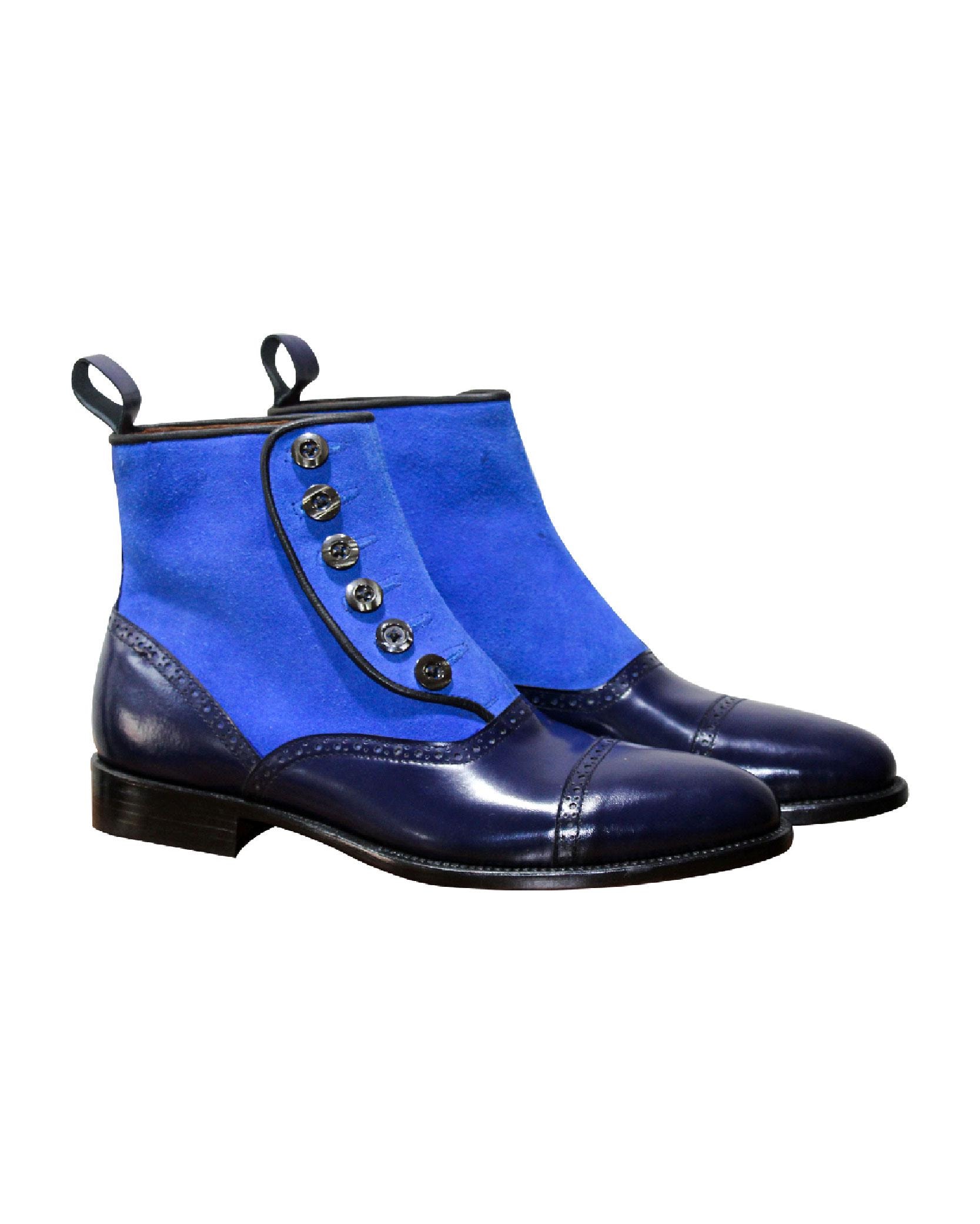 Handmade Mens Blue Leather Suede High Ankle Buttons Boots - Etsy