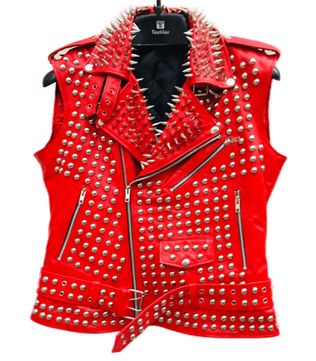 Sleeveless Red Leather Steam Punk Jacket, Men's Rocker Style Leather ...