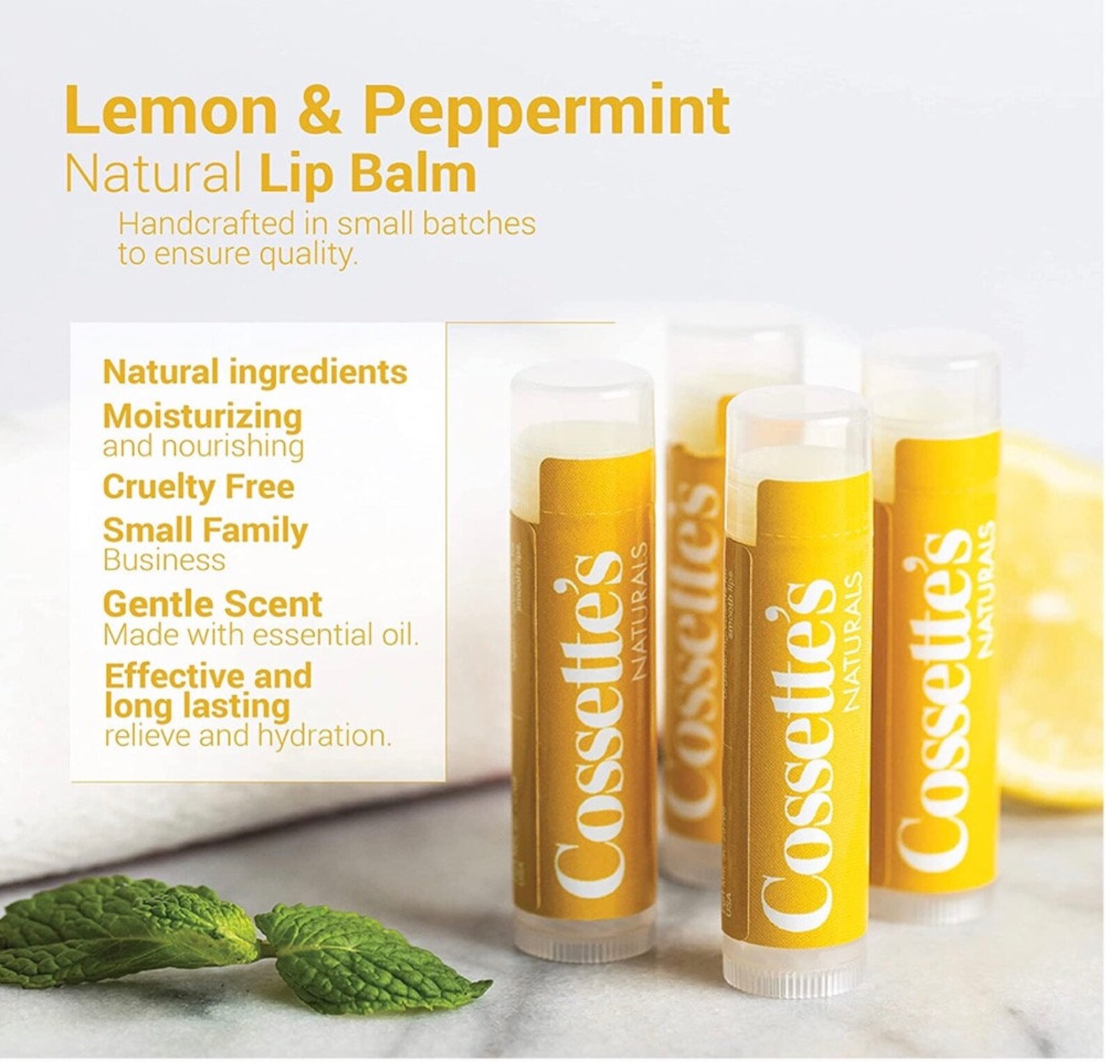 Cossette's Naturals Premium Lemon & Peppermint Beeswax Lip Balm With ...