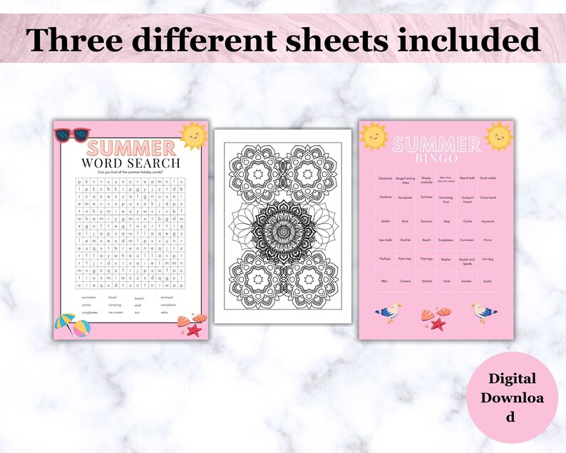Summer Worksheets Word Search Colouring Summer Bingo Game - Etsy