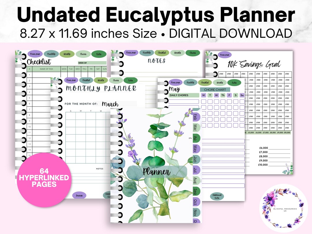 Monthly Planner Digital Printable, Eucalyptus, Template, Savings ...