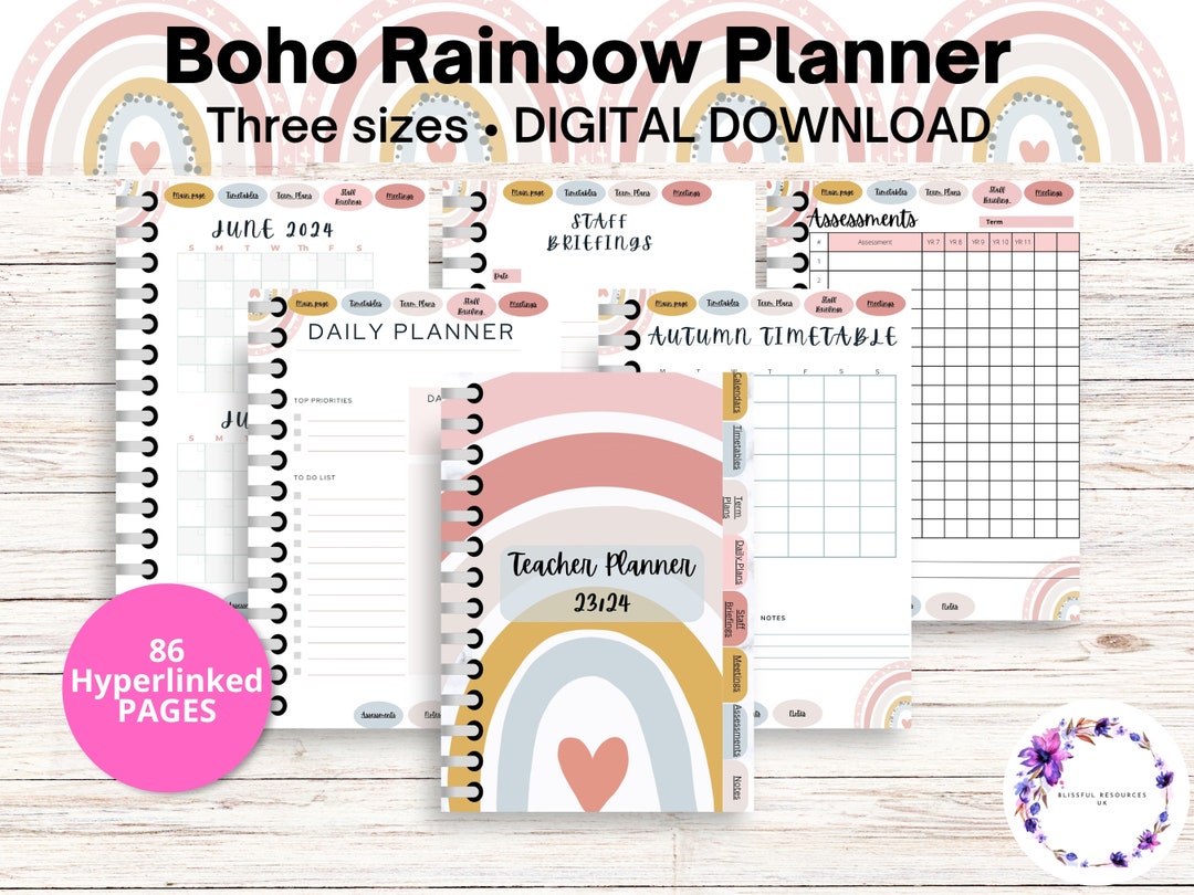 Boho Rainbow Teacher Planner, Digital PDF, Instant Download, To-do List ...