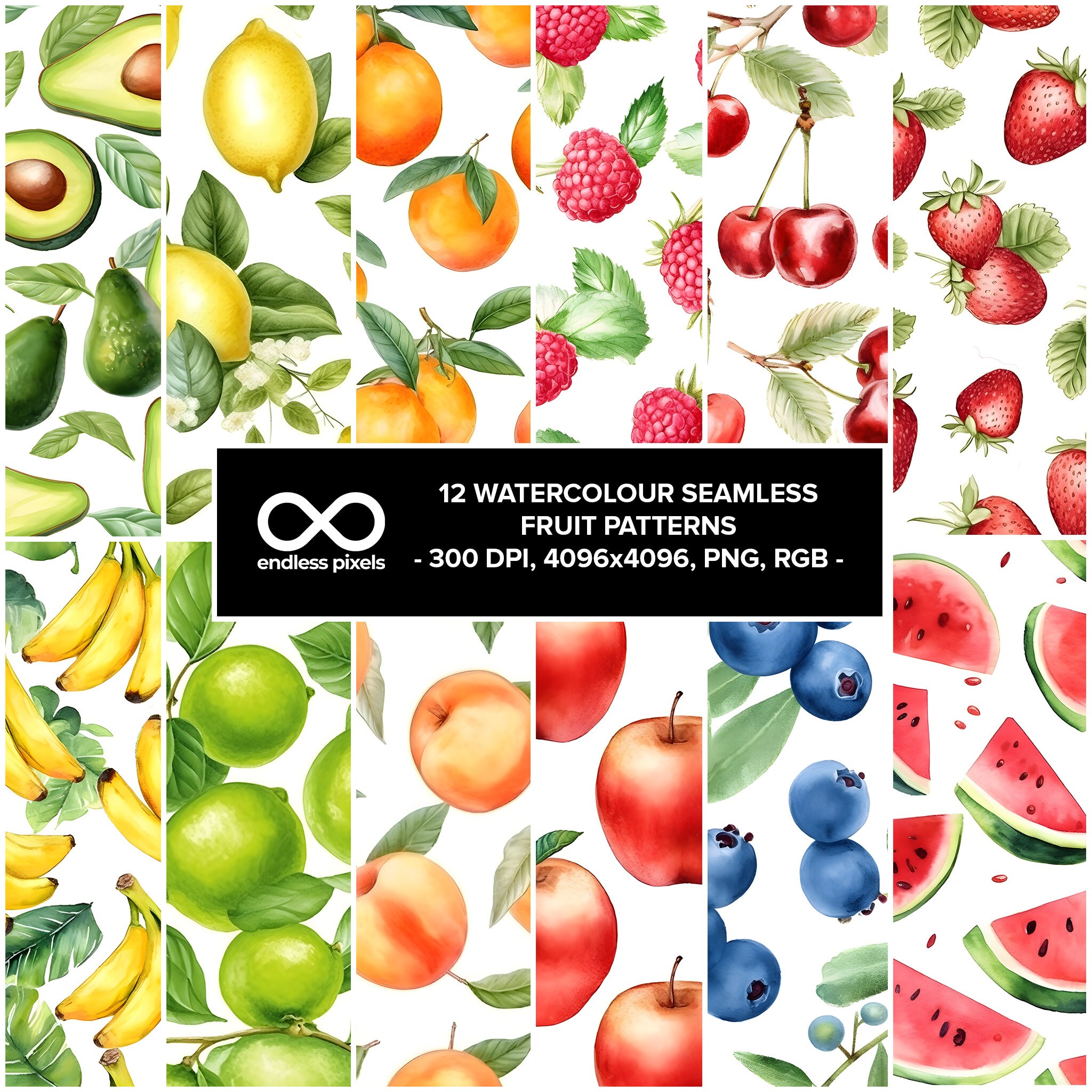 12 Fruits Watercolor Digital Paper, Seamless Pattern, Colorful Fruity ...