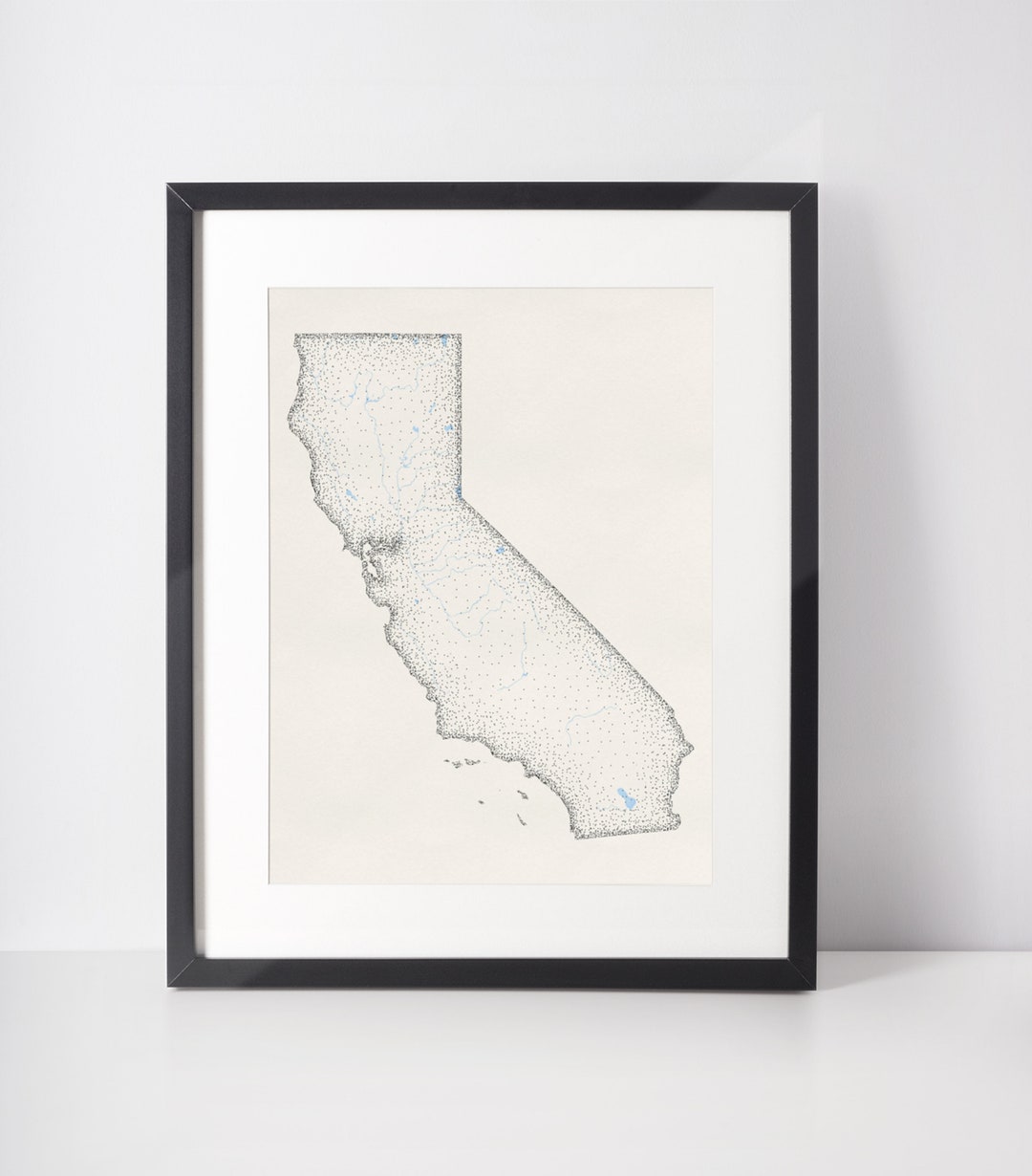 California Map Art Print: Stippling With Lakes and Rivers Map Print ...