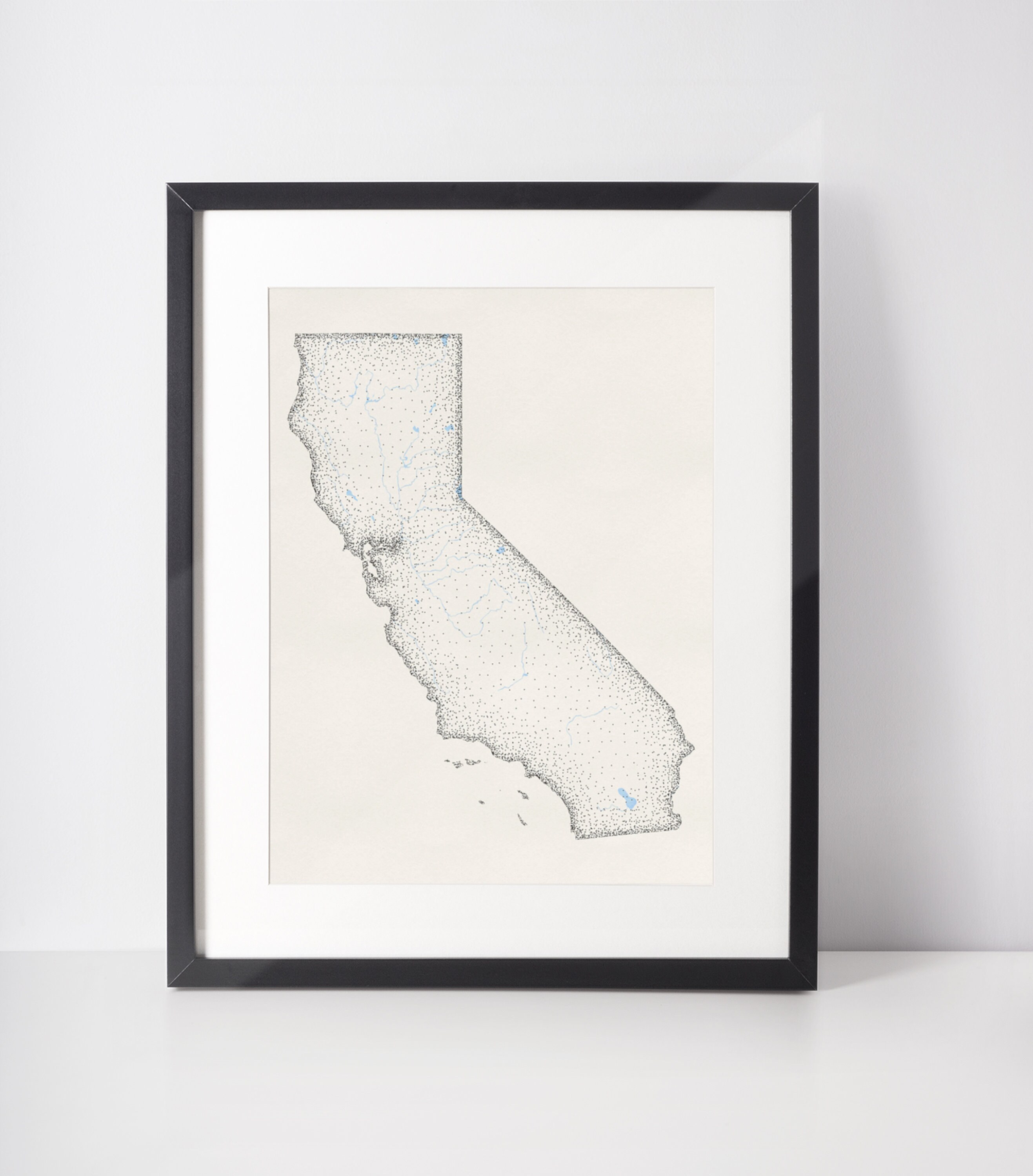 California Map Art Print: Stippling With Lakes and Rivers Map Print ...