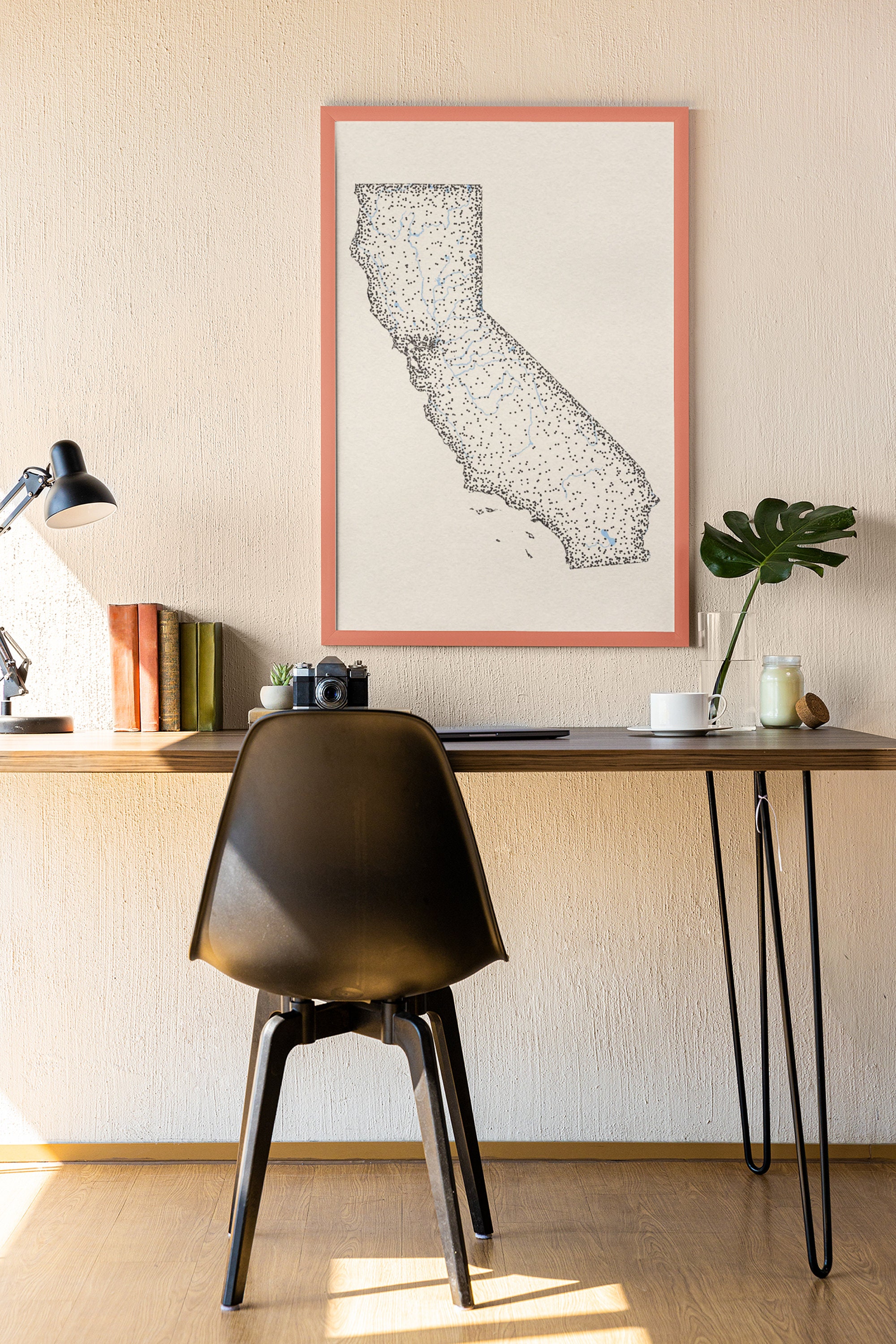 California Map Art Print: Stippling With Lakes and Rivers Map Print ...