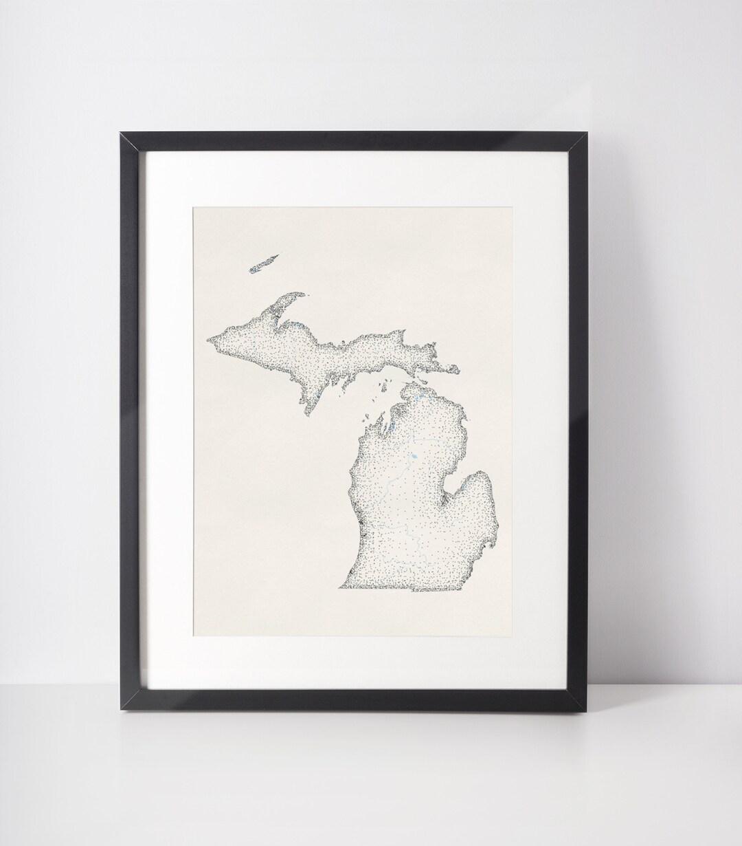 Michigan Map Art Print: Stippling With Lakes and Rivers - Map Print ...