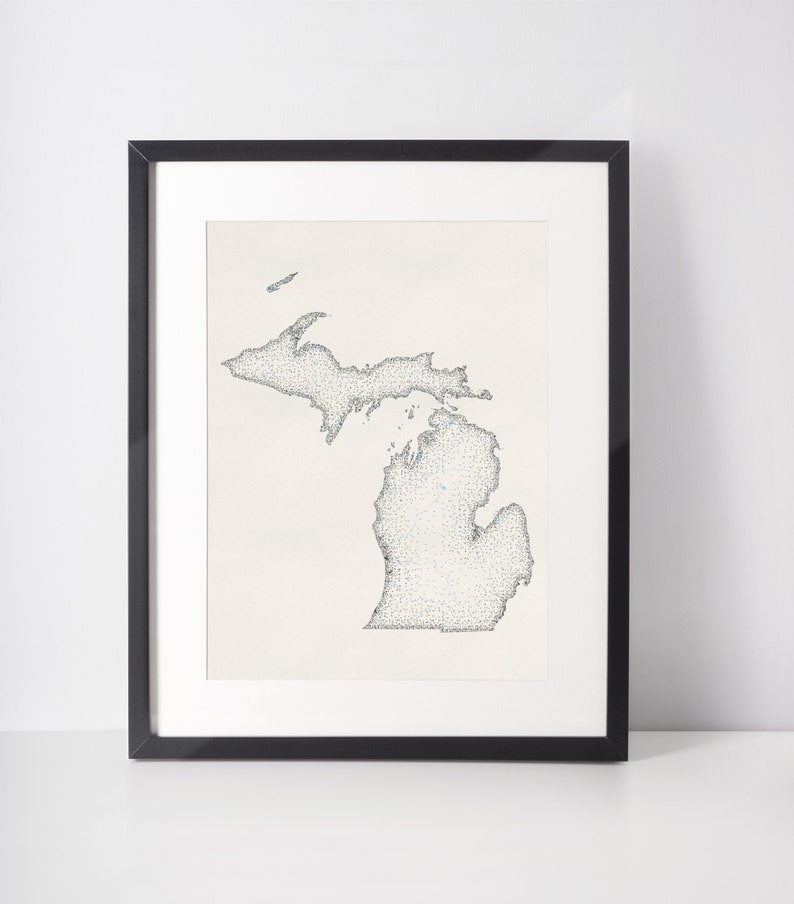Michigan Map Art Print: Stippling With Lakes and Rivers - Map Print ...