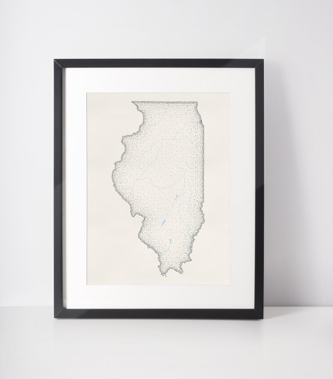Illinois Map Art Print: Stippling With Lakes and Rivers Map Print State ...