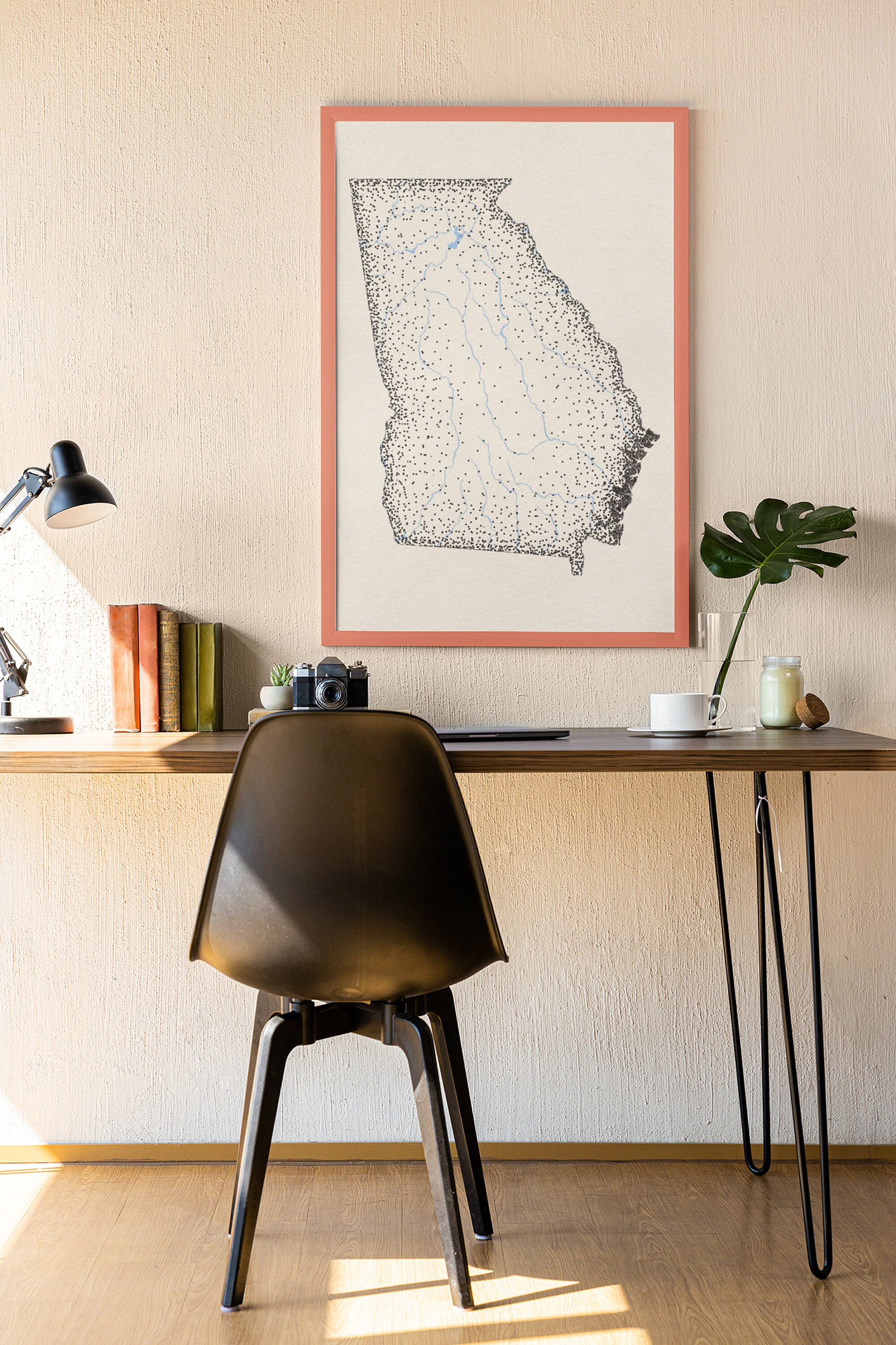 Georgia Map Art Print: Stippling With Lakes and Rivers Map Print State ...