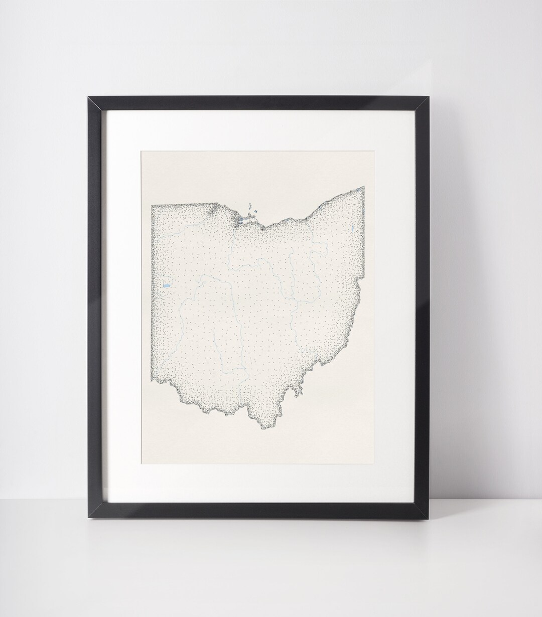 Ohio Map Art Print: Stippling With Lakes and Rivers Map Print State Map ...