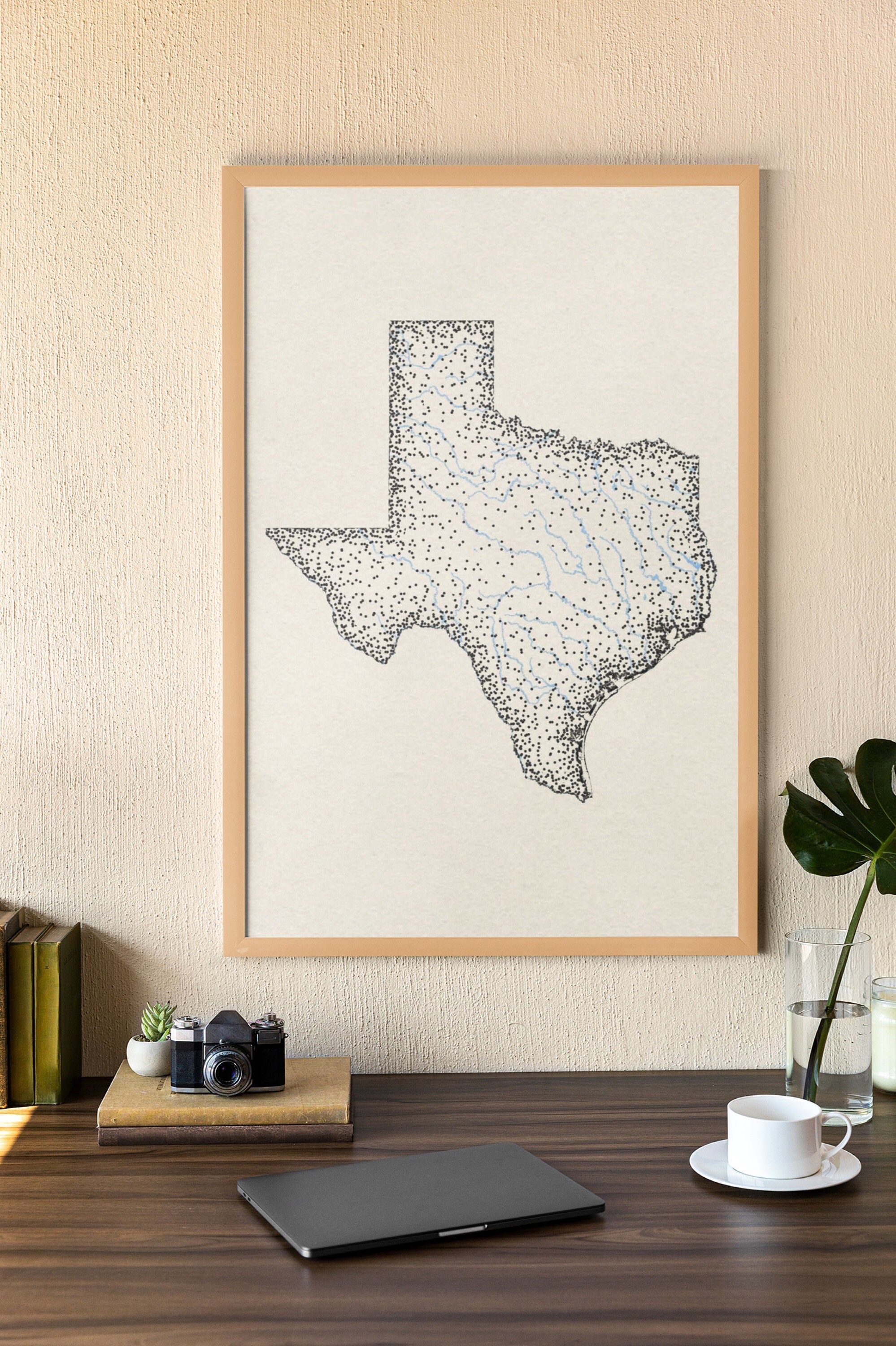 Texas Map Art Print: Stippling With Lakes and Rivers Map Print State ...